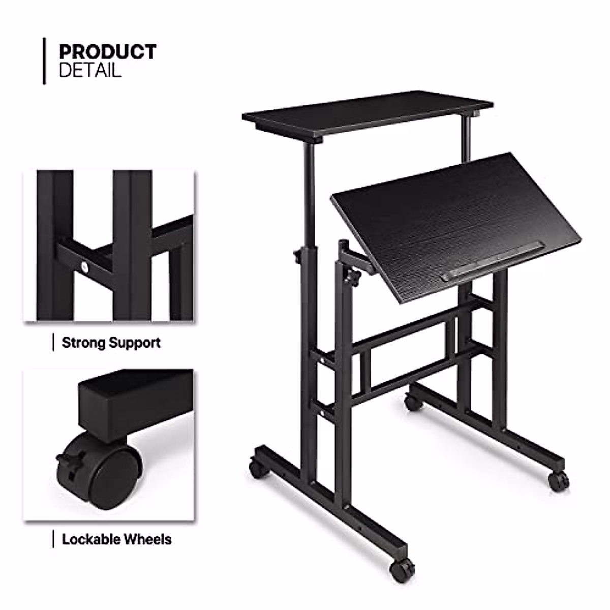 MoNiBloom Mobile Desk Workstation Height Adjustable Rolling Laptop Stand Table with Wheels for Home Office Laptop Cart, Computer Desk, Black