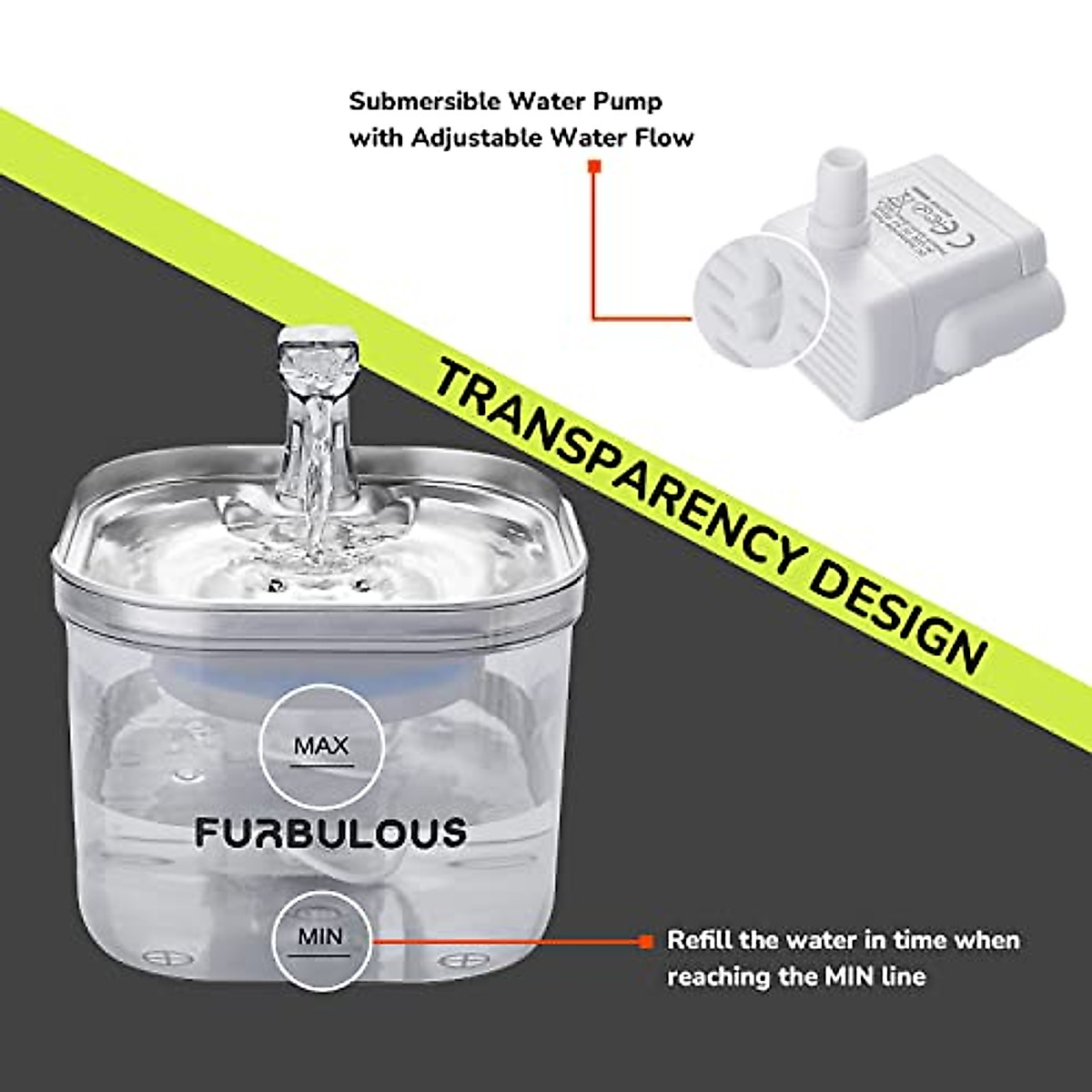FURBULOUS pet Fountain 68oz/2L, Automatic cat Water Fountain, 3-Speed Adjustable Silent Water Pump, 304 Stainless Steel Drinking Tray, Translucent Water Tank. Dog Water Dispenser for Multiple Pets