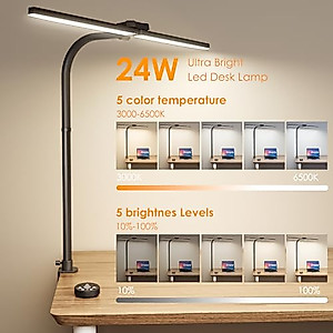 Jeagop LED Desk Lamp for Home Office, 24W Double Head Architect Desk Lamp with Clamp, Remote Control, Adjustable Gooseneck, Stepless Dimming and Tempering Desk Light for Reading Study Drafting