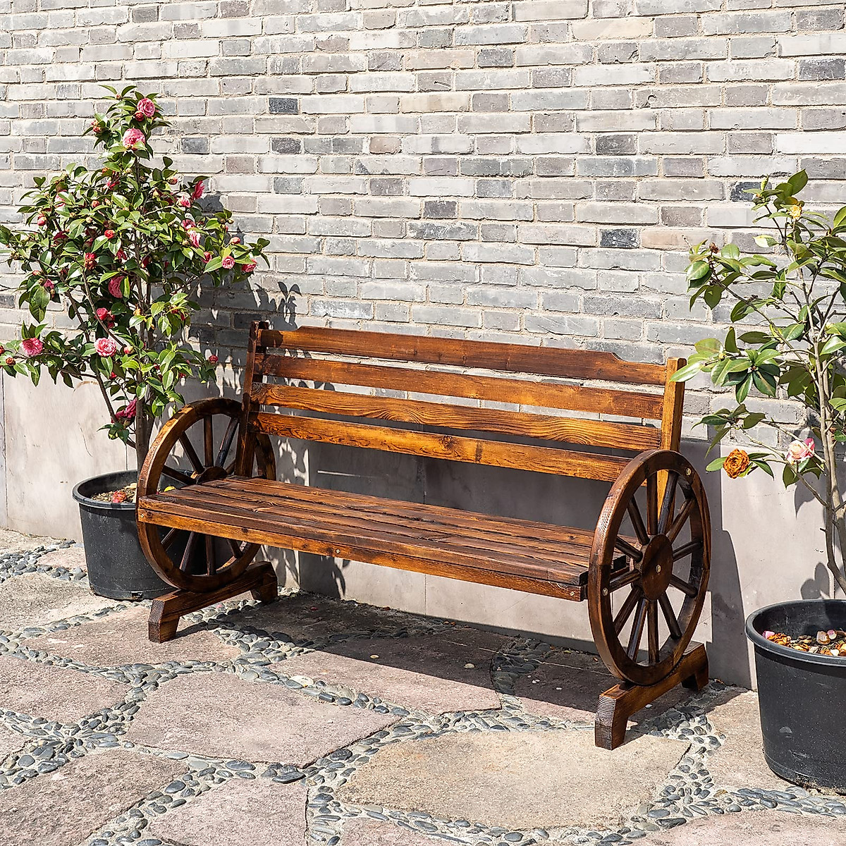 Vagowin Wagon Wheel Bench, Outdoor Bench, Rustic Wooden 2-Person Seat Patio Bench with Backrest for Garden, Porch, Yard, Brown, 22 inches D x 56 inches W x 30.5 inches H