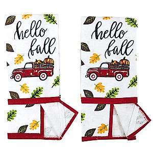 Serafina Home Hello Fall Farm Truck Kitchen Towels and Pot Holder Set: Autumn Harvest Pumpkins and Colorful Leaves, Pot Holder Oven Mitt has Embellished Jacquard Weave