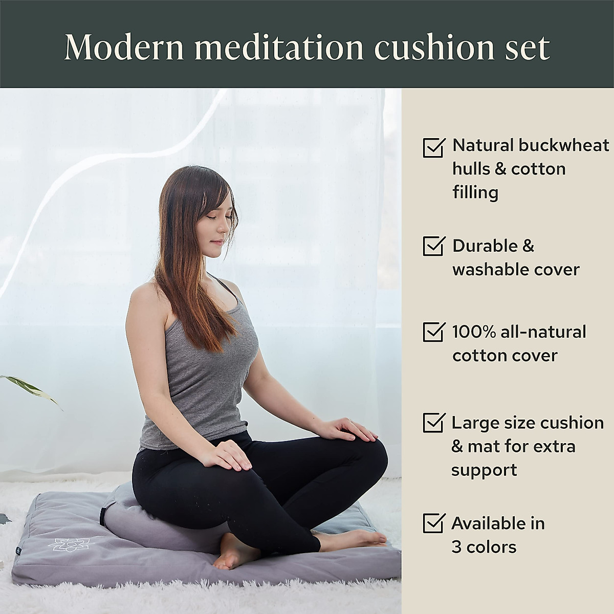 Mindful & Modern Meditation Cushion and Zabuton Meditation Mat Bundle - 100% Cotton Meditation Cushion Set for Yoga - Buckwheat Zafu Floor Pillow and Rectangular Mat - Slate Grey Color