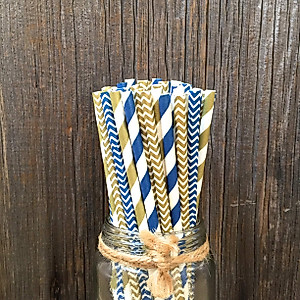 Outside the Box Papers Navy Blue and Gold Chevron and Stripe Paper Straws 7.75 Inches 100 Pack Navy Blue, Gold, White