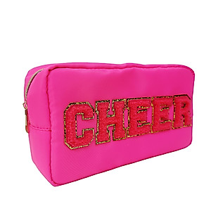 cqoogrlx Cheer Patch Bag Letter Patch Nylon Makeup Bag Cheer Cosmetic Bag Cheerleader Gifts Preppy Chenille Varsity Letter Cheer Makeup Bag Case Toiletry Zipper Pouch for Women Girls(Cheer-hot pink)