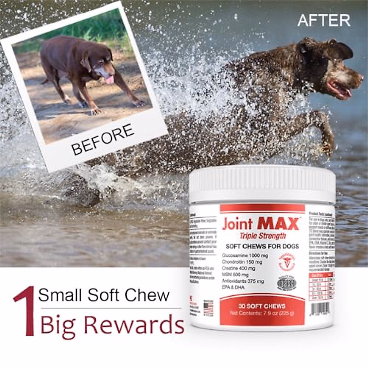 PHS Joint MAX Triple Strength (TS) Soft Chews for Dogs - Glucosamine, Chondroitin, MSM, Turmeric, Omega 3 - Hip and Joint Pain Relief and Support for Dogs - Made in USA - 30 Soft Chews