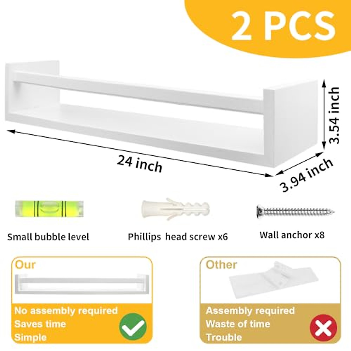 Lixintray Nursery Book Shelves Set of 2, 24inch Floating Bookshelf Natural Solid Wood Book Shelf for Kids Room Nursery Room, Wall Mounted Shelves Bedoom Bathroom Toy Kitchen and Decor Storage