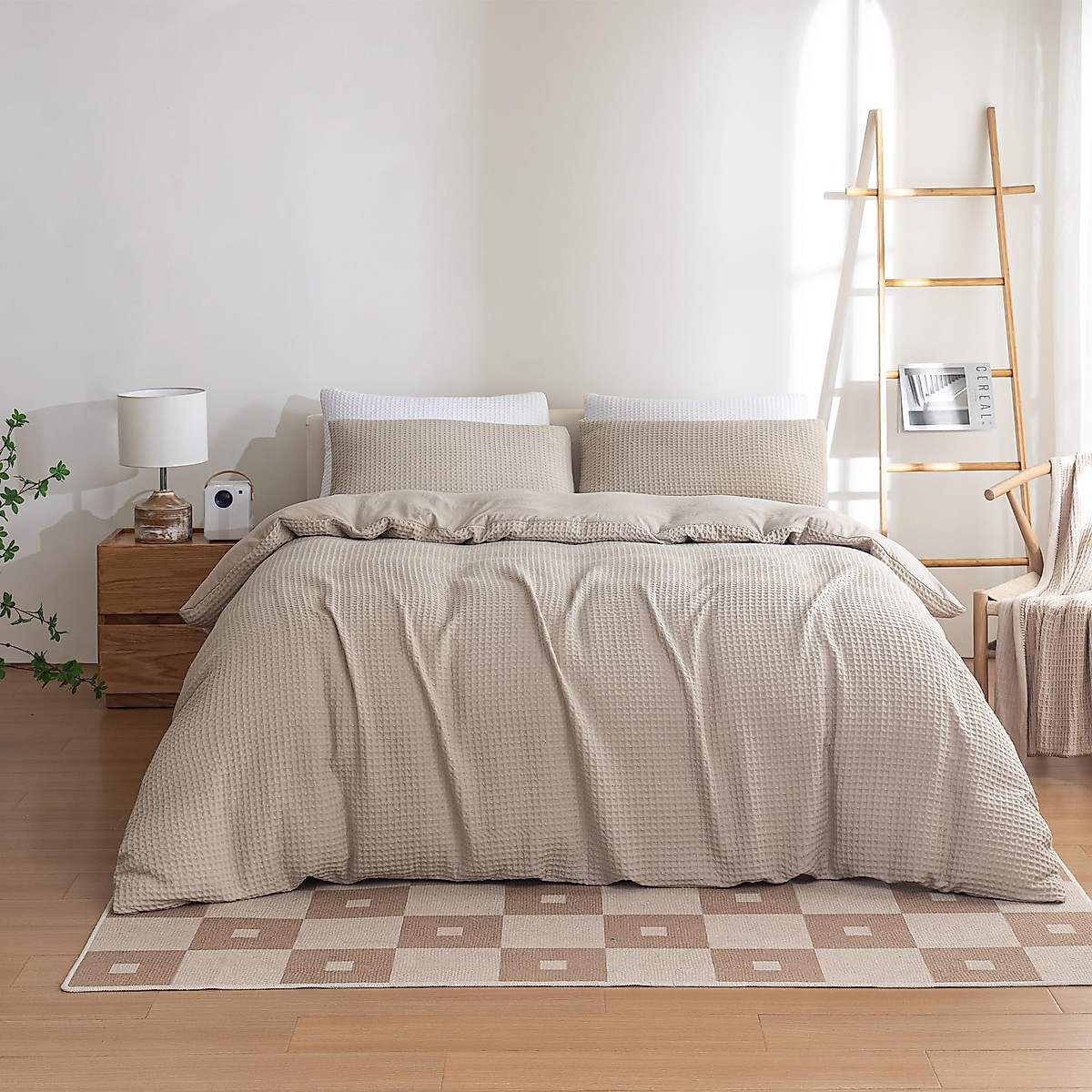 Jessrydo Waffle Duvet Cover King Size Soft Breathable Cooling Luxury 3 Pcs Waffle Bedding Set with 1 Waffle Weave Duvet Cover and 2 Pillowcases, NO Comforter Included (King, Khaki)