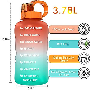 SANKUU Large 1 Gallon/128oz (When Full) Gallon Water Bottle Motivational with Time Marker & Straw, Leakproof Water Jug Ensure You Drink Daily Water Throughout The Fitness Day