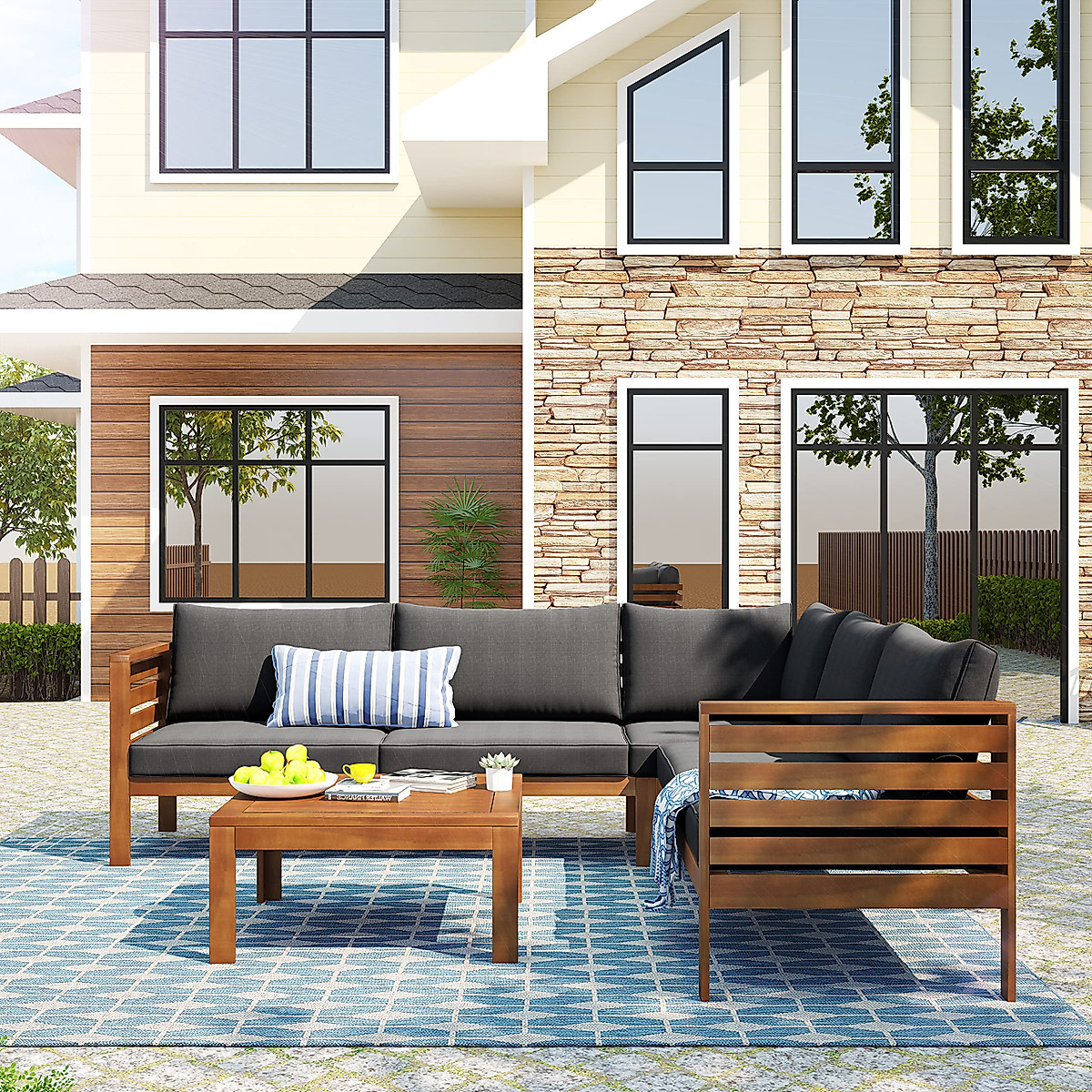 Quarte 4 Piece Outdoor Patio Conversation Furniture Set, Wood Sectional Sofa Set with Water Resistant Cushions/Coffee Table, Garden Backyard Poolside L Shape Corner Sofa Set