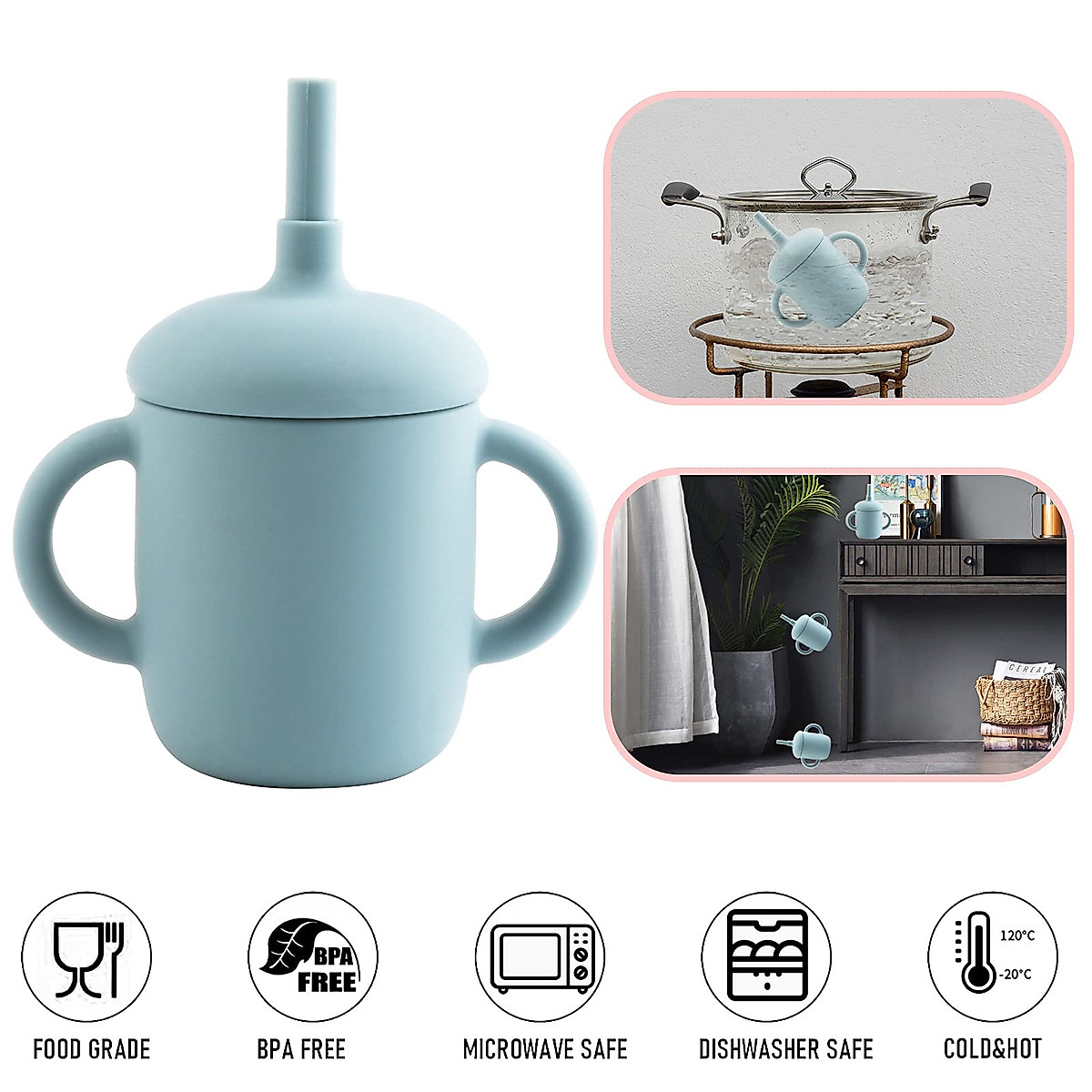 Sangyn 2 Pack Toddler Training Cup with Straw,BPA-Free,5 Oz Silicone Sippy Cups, Unbreakable, Trainer Cup for Babies Toddlers and Infants(Sky Blue, Brown)