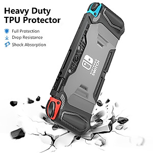 LEYUSMART Protector for Nintendso Switch, Slim Heavy Duty TPU Cover, Comfortable Grip with HD Tempered Glass Screen Protector & 2 Thumb Caps Black