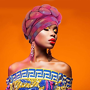 Woeoe Women African Turban Rose Red Braid Beanie Cap Headwear Pre-Tied Stretchy Twisted Head Turbans