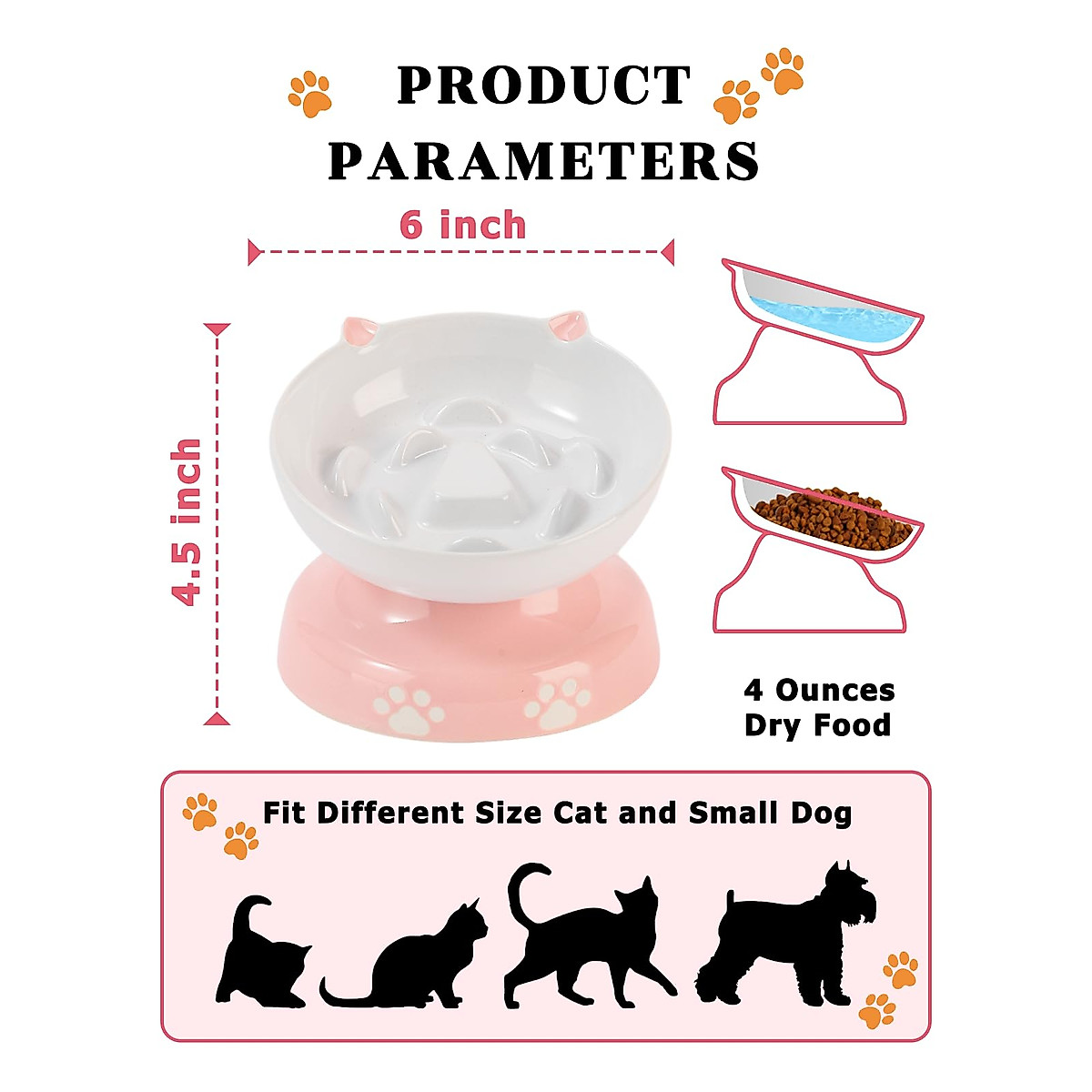 Y YHY Ceramic Slow Feeder Cat Bowl, Elevated Cat Bowl Tilted Design Slow Feeder for Dog and Cat for Dry and Wet Food, Pink