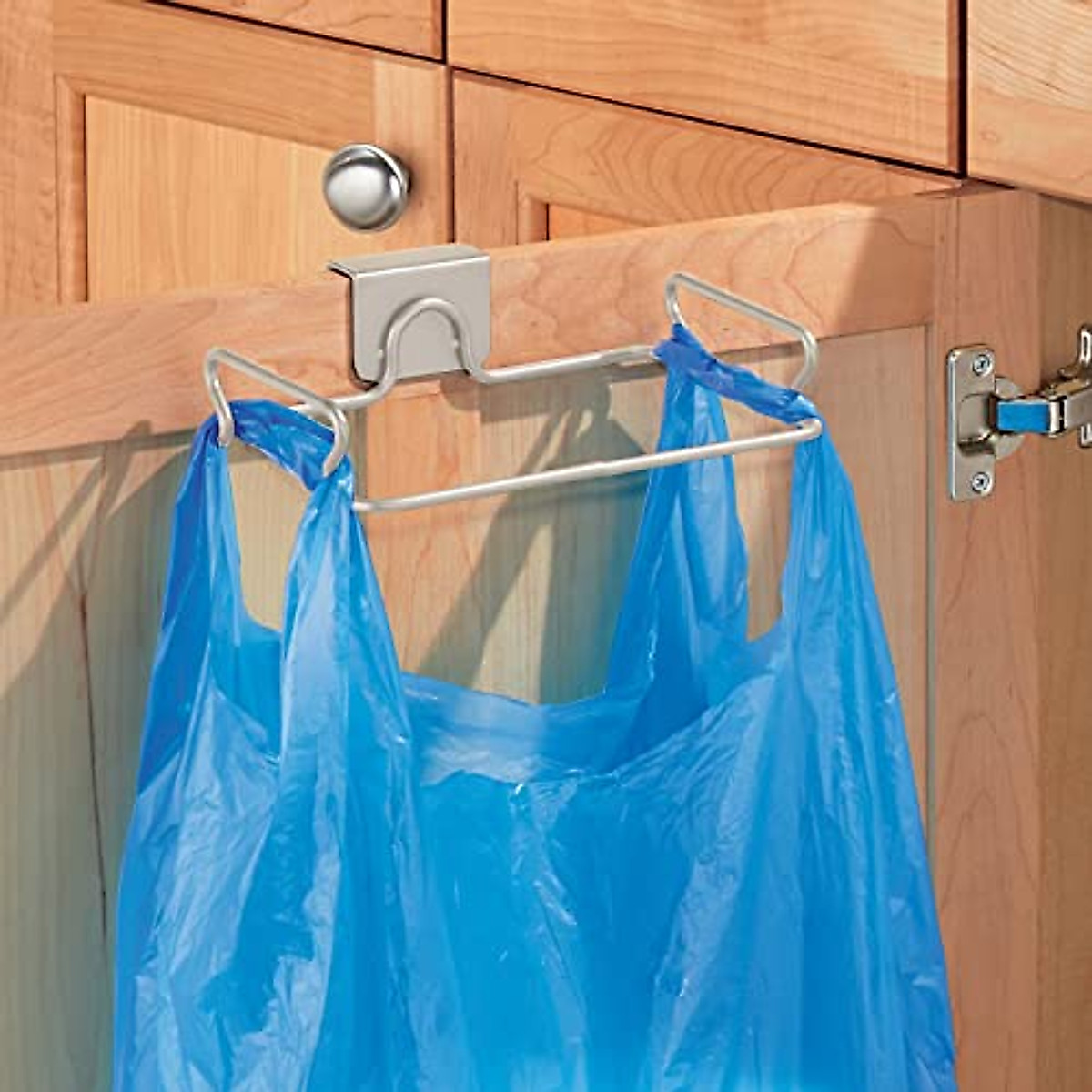 mDesign Over the Cabinet Metal Wire Small Garbage Container, Trash Bag Holder Rack for Recycled Reusable Disposable Plastic Shopping Grocery Bags for Kitchen, Pantry, Garage, Bathroom - Satin