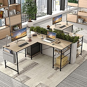 Tbfit L Shaped Desk with Storage Shelves,95.2 Inch Reversible Coner, Office Desk for Small Space,Large Computer Gaming Desk Workstation with Power Outlet,2 Person Long Writing Study Table(Oak)