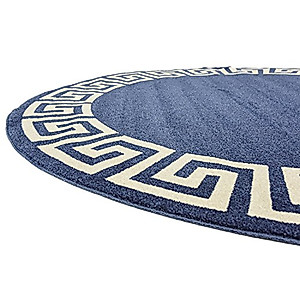 Unique Loom Athens Collection Classic Geometric Modern Border Design Area Rug, Round 8' 0" x 8' 0", Navy Blue/Beige