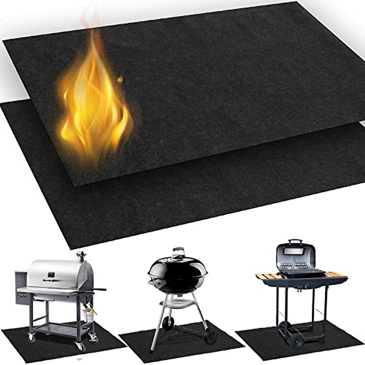 2 Pcs Large Under Grill Mat 60 x 36 Inch Reusable Absorbent Oil Pad Fireproof Fire Pit Mat Waterproof Deck and Patio Protective Mats for Outdoor Gas Grill Charcoal Fireplace BBQ Protector, Black
