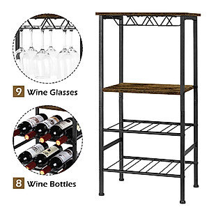 Wood Wine Rack Free Standing Floor, Industrial Wine Display Shelves with Glass Holder Rack & 8 Bottles Holder, Multifunctional Wine Bar Cabinet for Kitchen Dining Room Pantry Cellar, Rustic Brown