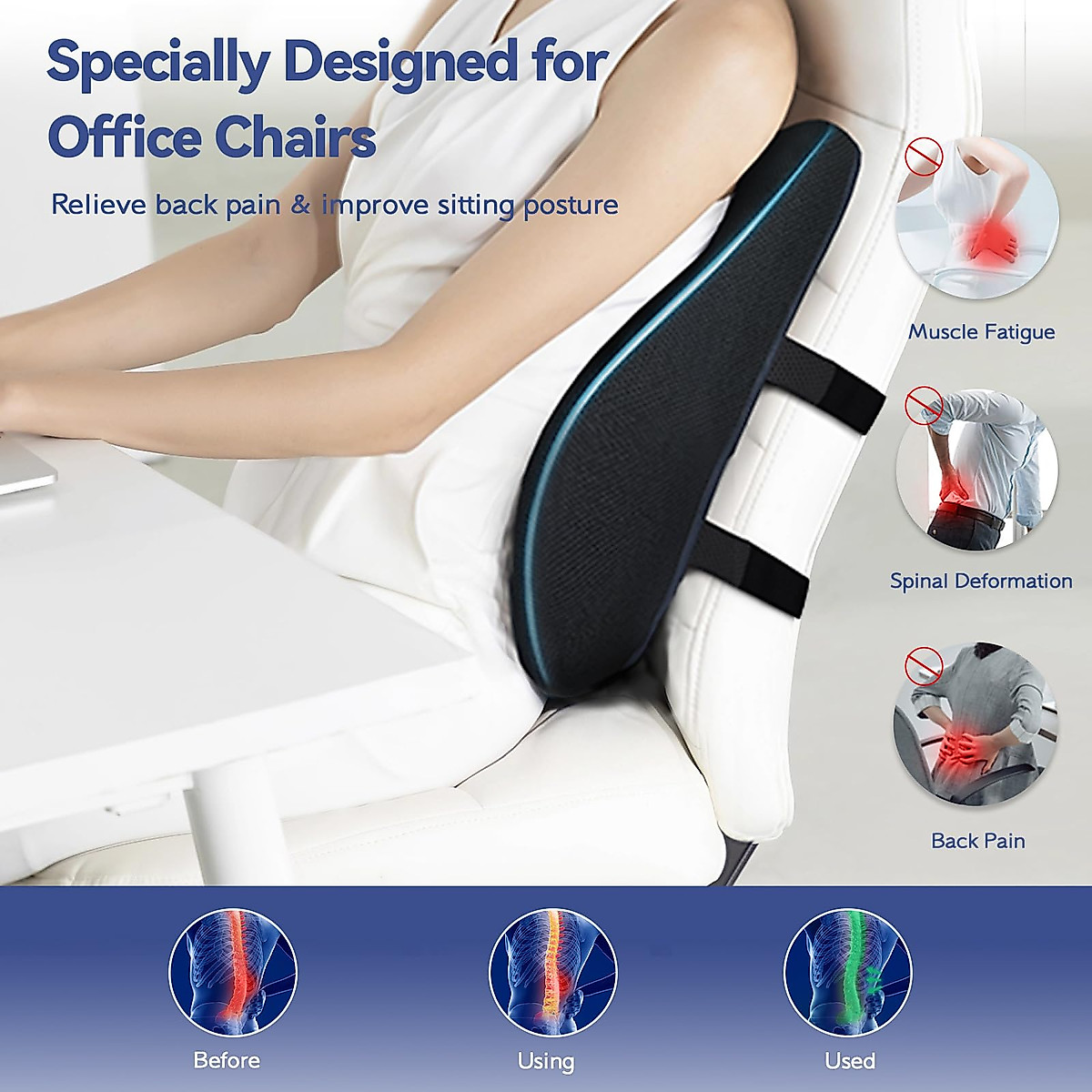 Lumbar Support Pillow for Office Chair, Cooling Memory Foam Pillow for Back Pain Relief, Ergonomic Back Support Pillow with Dual Extension Straps for Car, Couch, Recliner, Gaming Chair, Black