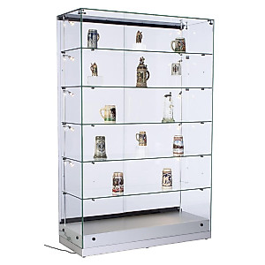 Displays2go Tempered Glass Display Cases with Lighting, Full Vision, Locking, Painted MDF Base – Silver (GTEC48LEDS)