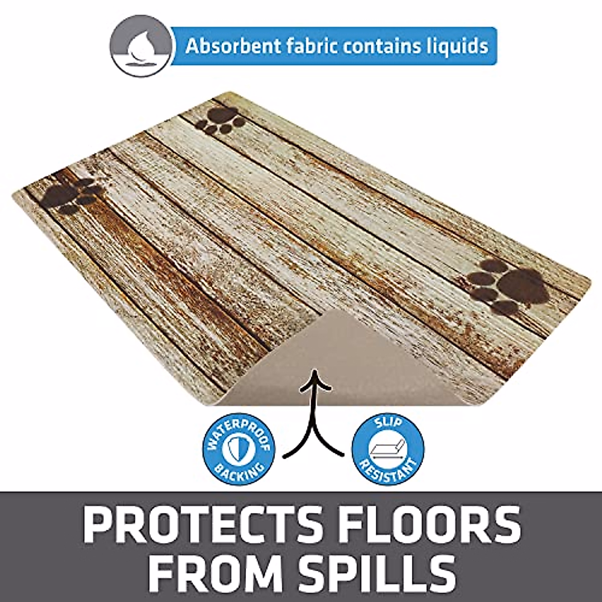 Drymate Pet Bowl Placemat, Dog & Cat Food Feeding Mat - Absorbent Fabric, Waterproof Backing, Slip-Resistant - Machine Washable/Durable (USA Made) (12” x 20”) (Distressed Wood Tan)