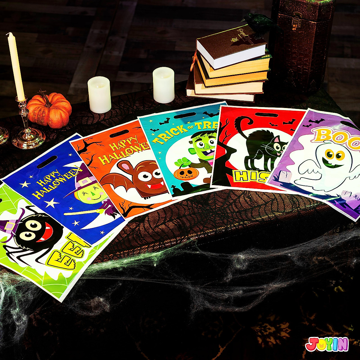 JOYIN 72 PCS Halloween Candy Bag for Trick or Treat, Halloween Treat Bags with 6 Designed Characters, Halloween Plastic Goodie Gift Bags for Party Favors Party Supplies