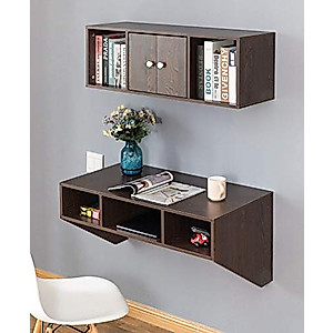 Basicwise Wall Mounted Computer Cabinet Floating Hutch, Brown