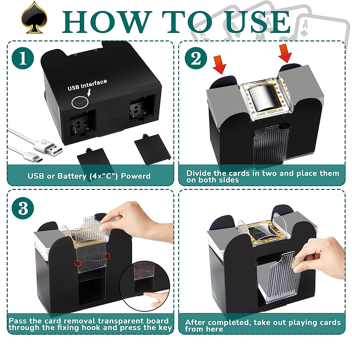 Zomiboo 1/2/4/6 Decks Casino Automatic Card Shuffler USB Battery Operated Electric Shuffler Poker Card Deck Shuffler Card Shuffling Machine for Home Card Playing Games Casino and Club Party