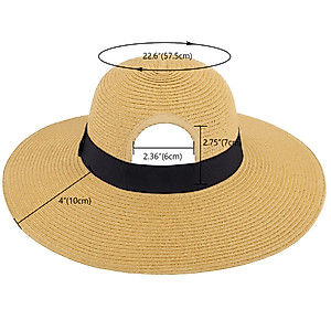 Summer Hats for Women Beach Ponytail Sun Hat Foldable Uv Protection Sun Hat with Ponytail Hole Wide Brim Straw Hat Women,Beige Ponytail Sun Hats for Women