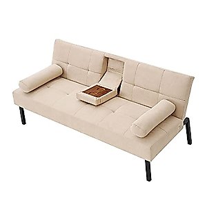 Panana Luckycloud Modern Couch Sofa 3-Seater Upholstered Fabric Sofa for Small Living Room, Dorm, Small Spaces (Beige Sofa Bed with Cup Holder)