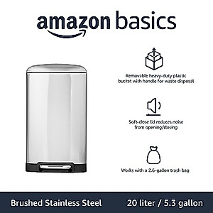 Amazon Basics Smudge Resistant Small Rectangular Trash Can with Soft-Close Foot Pedal, 20 Liter / 5.3 Gallon, Nickel