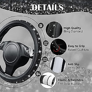 CAR PASS Bling Diamond Leather Steering Wheel Cover, With Bling Sparkly Crystal Glitter Rhinestones Universal Fit 14"1/2-15" Car Wheel Protector for Women Girl Fit Suvs,Vans,Sedans,Cars,Trucks, Black