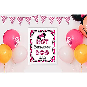 Minnie Mouse Birthday Decoration Signs | 4 Different Party Signs | 8 x 10 inch Minnie Mouse Party Supplies Birthday Sign Printed in Card stock | Minnie Mouse Clubhouse Inspired Door Signs | Food Labels Disney Decorations Hot Dog Bar Decor