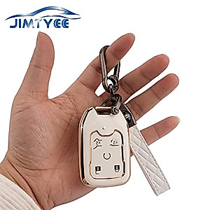 Jimtyee for GMC Key Fob Cover with Leather Lanyard Keychain Key Fob Case Shell Protection for Chevy Silverado Tahoe Suburban GMC Sierra Yukon Smart Remote Key Protector(White)