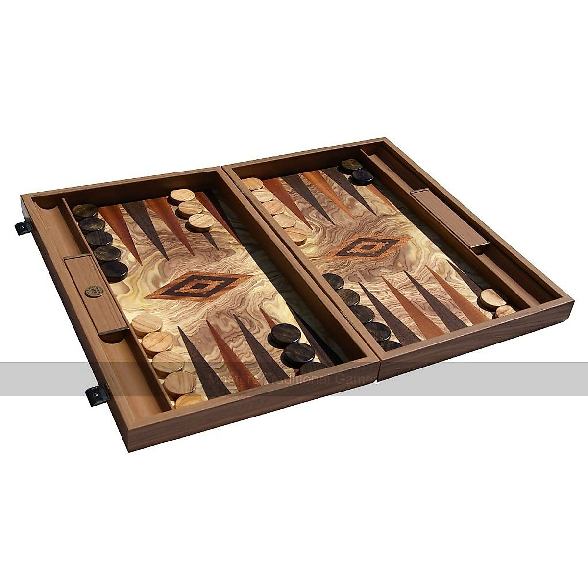 Manopoulos Luxury Olive Burl 15-inch Backgammon Set with Side Storage and Accessories