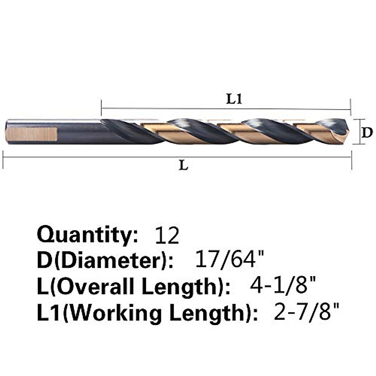 12 PCS 17/64" HSS Black and Gold Coated Twist Drill Bits, Metal Drill, Ideal for Drilling on mild Steel, Copper, Aluminum, Zinc Alloy etc. Pack in Plastic Bag