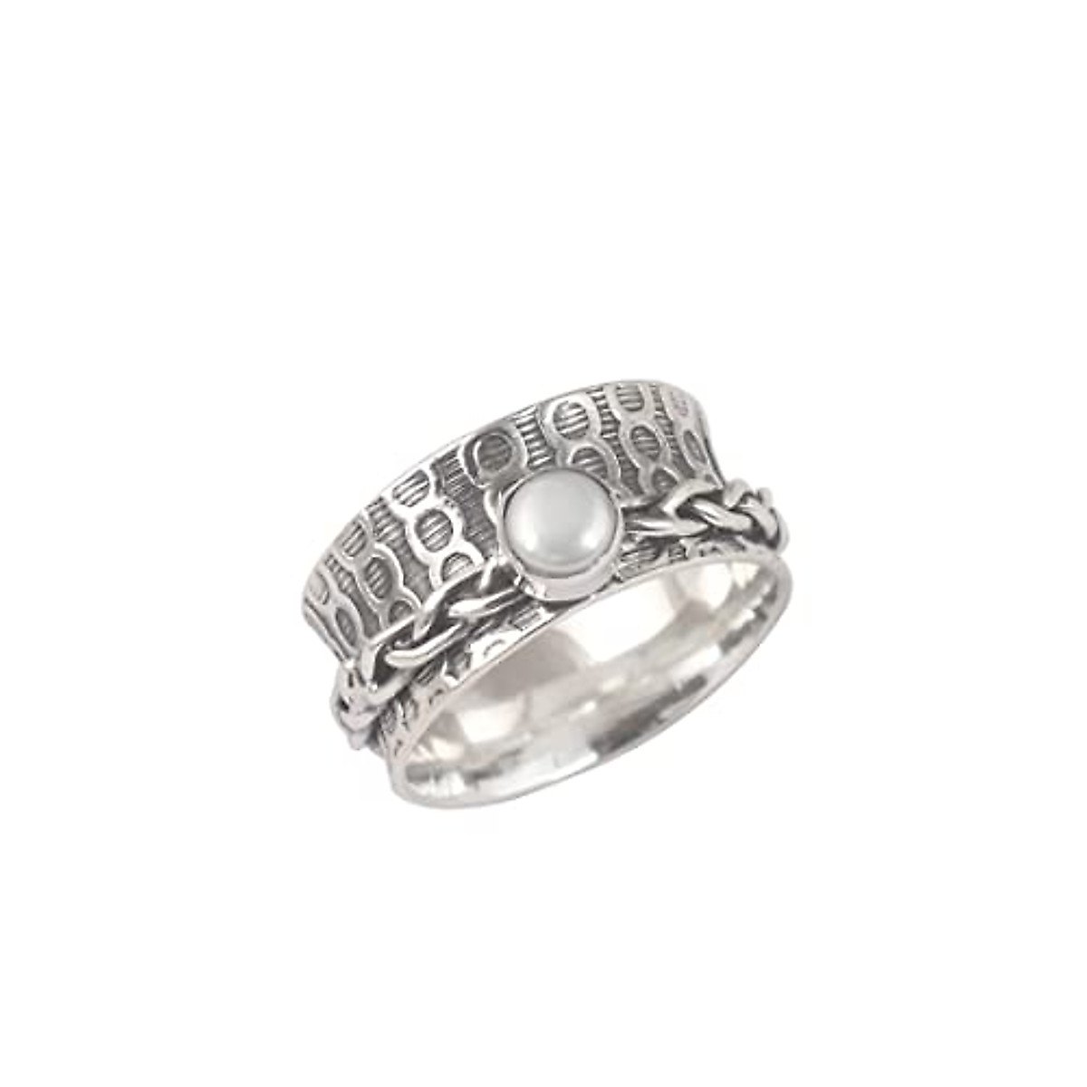 925 Sterling Silver Round Pearl Spinner Ring Handmade Silver Meditation Boho Worry Ring Valentine's Day Bridal Gift (9)