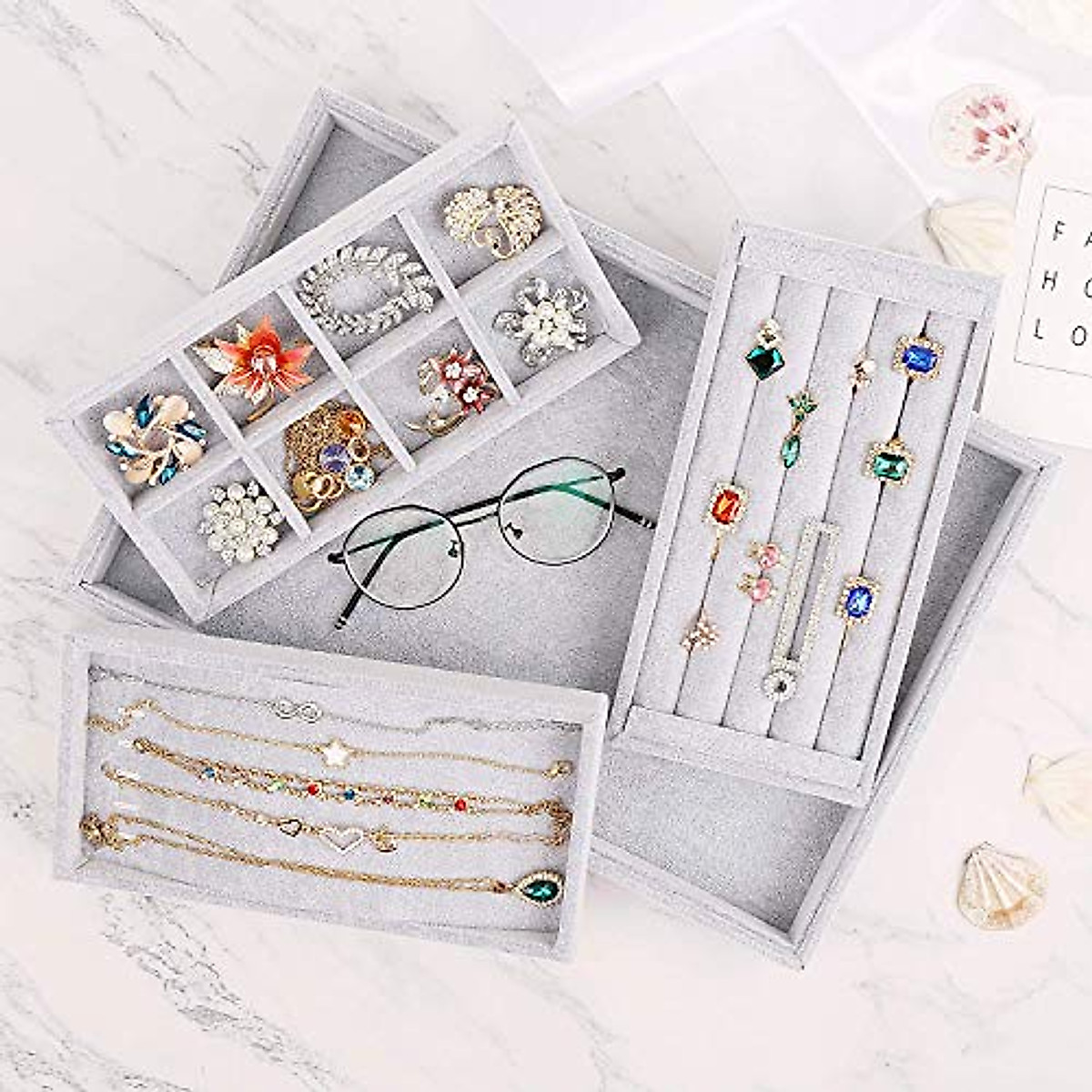 STYLIFING Jewelry Drawer Organizer 4 in 1 Stackable Jewelry Organizer Trays for Drawer Rings Earrings Necklaces Bracelet Storage Showcase Box(Grey)