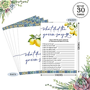 Blue Tiles and Lemons What Did the Groom Say Game for 30 Guests with Game Cards, Lemons Bridal Shower Game, Modern Bridal Shower Decorations, Wedding Shower or Bachelorette Party Supplies - 02