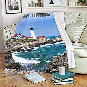 CUXWEOT Custom Blanket with Name Text,Personalized Beautiful Sea Lighthouse Super Soft Fleece Throw Blanket for Couch Sofa Bed (50 X 60 inches)