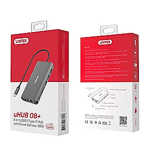 UNITEK Hub USB-C with Power Delivery, HDMI v.1.4 4K@30Hz, Ethernet/Internet Connection, 2 x USB 3.0, USB C with PD 100 W, 20 V/5 A, SD Card Reader, 3.5 mm Audio Connection, Aluminium, Grey