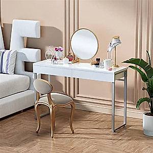 GreenForest Vanity Desk with 2 Drawers Glossy White 47 inch Modern Home Office Computer Writing Desk Makeup Dressing Table with Metal Silver Legs for Bedroom,Without Mirror