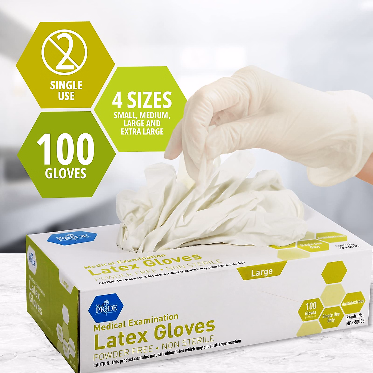 MED PRIDE Medical Latex Examination Gloves (Medium, 100-Count) Ultra-Strong 5 mil Thick, Disposable Powder-Free Gloves for Healthcare & Food Handling Use