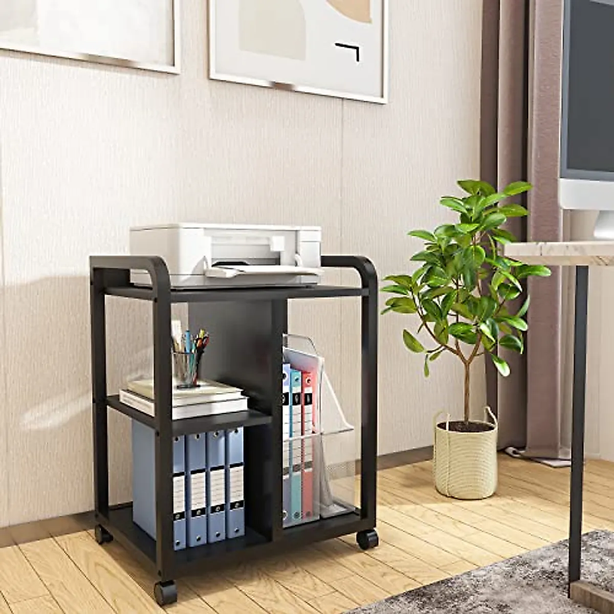 Bertha Burney Printer Stand, 3-Tier Printer Cart with Storage, Mobile Rolling Printer Table with Wheels, Printer Cart with Machine Computer Tower Stand for Home Office