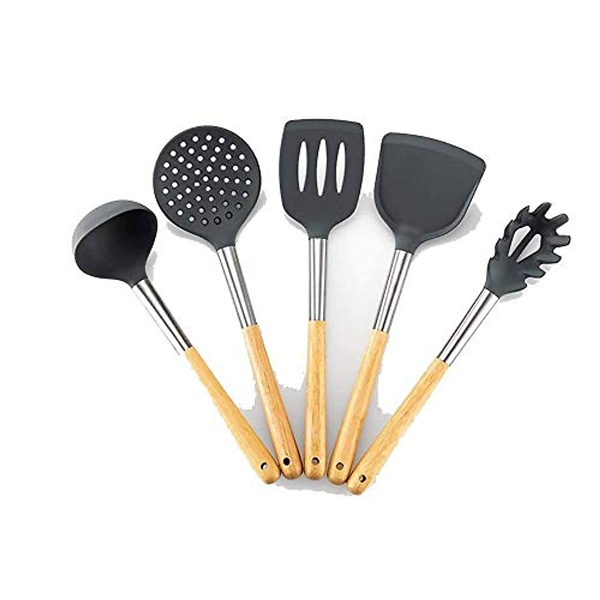 LMMDP Silicone Kitchen Utensils Set Cooking Tools Set Non-stick Spatula Shovel Brush Clips Spoon Whisk with Wooden Handle Kitchen Tool
