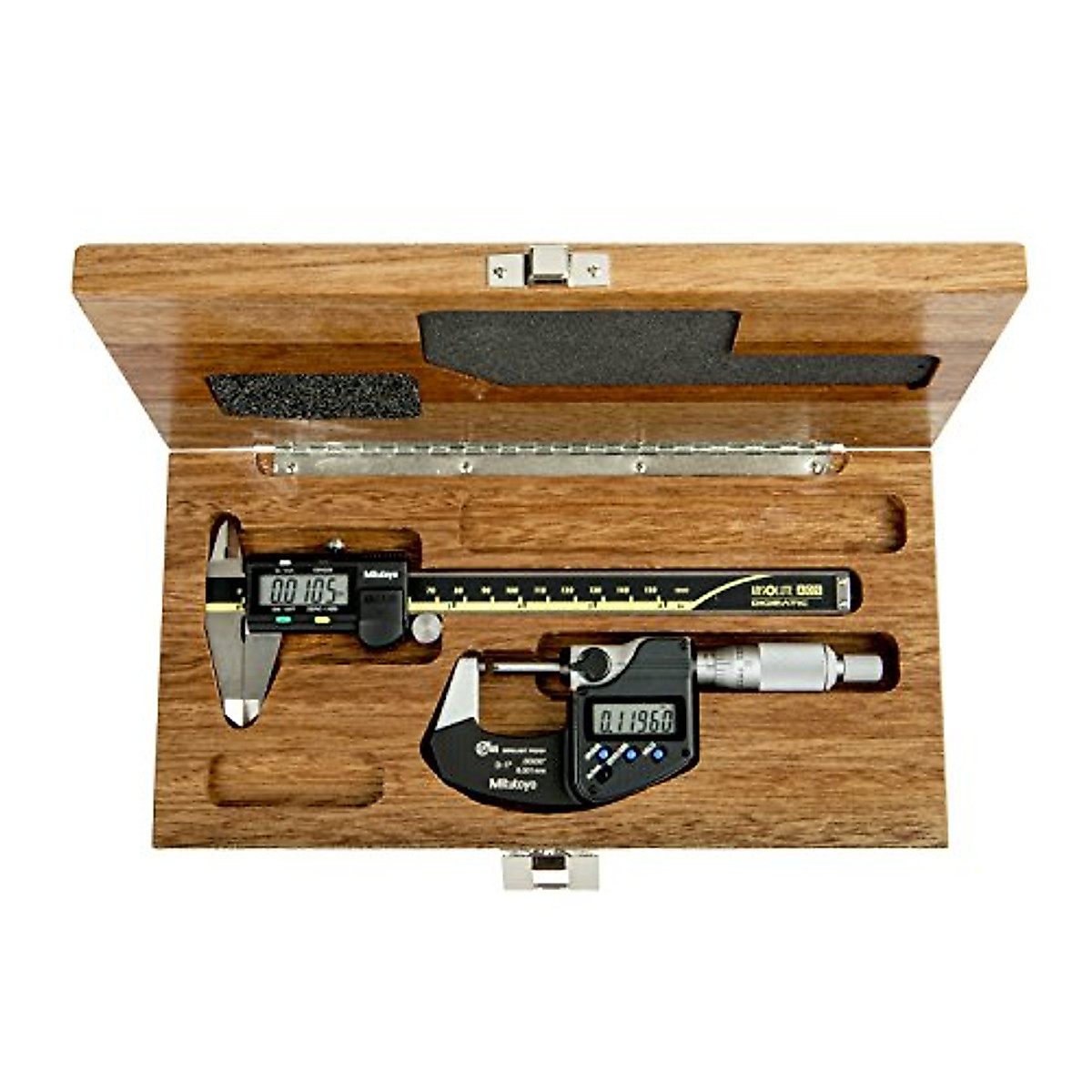 Mitutoyo 64PKA076B Digimatic Tool Kit, Non-Output, Includes Caliper, 500-196-30 (0-6”/0-150mm, 0005” / 0.01mm), Micrometer, 293-340-30 (0-1”/0-25mm, 00005”/0.001mm), and a Mahogany case.