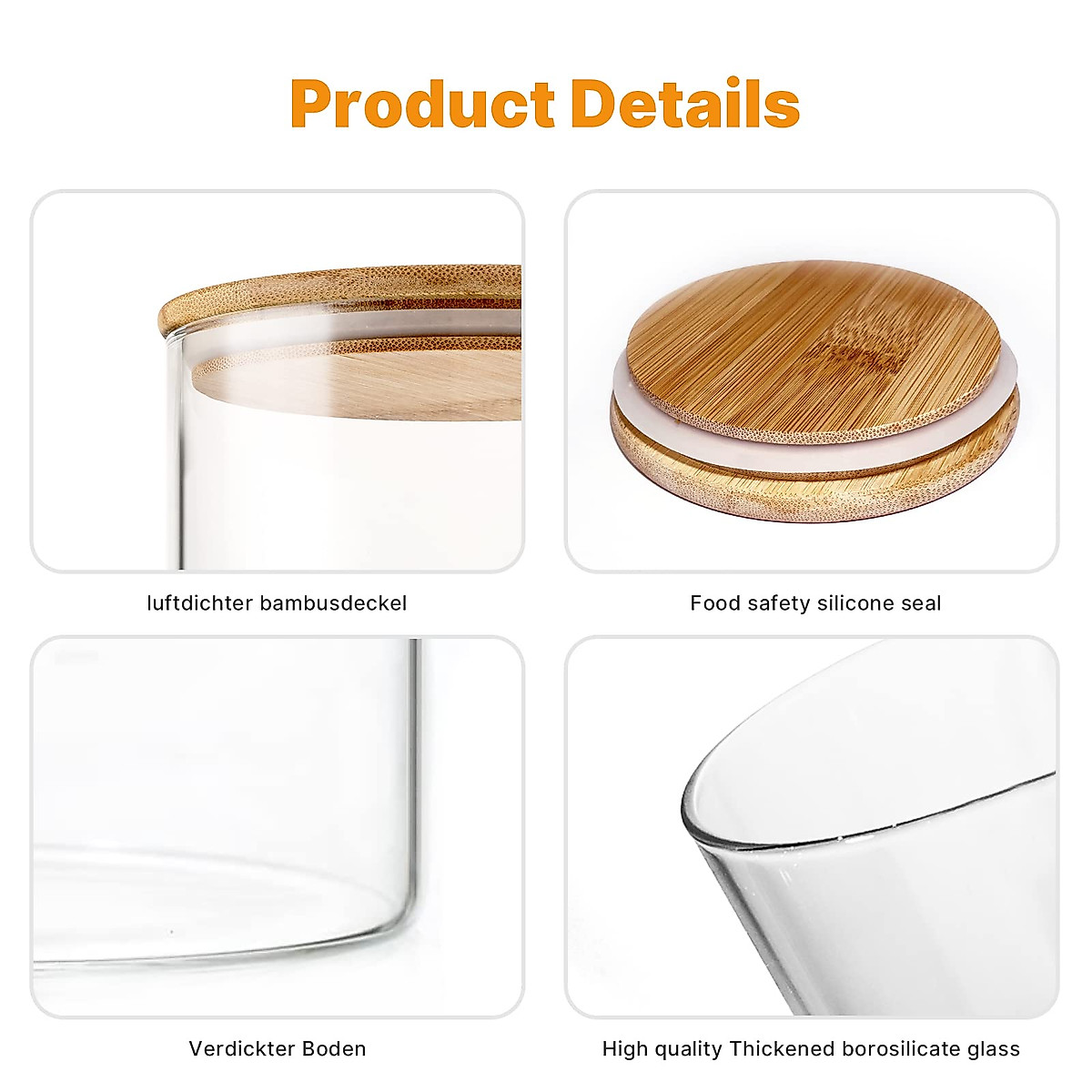 Glass Storage Jars [Set of 5],Clear Glass Food Storage Containers with Airtight Bamboo Lid Stackable Kitchen Canisters for Candy,Cookie,Rice,Sugar,Flour,Pasta,Nuts and Spice Jars