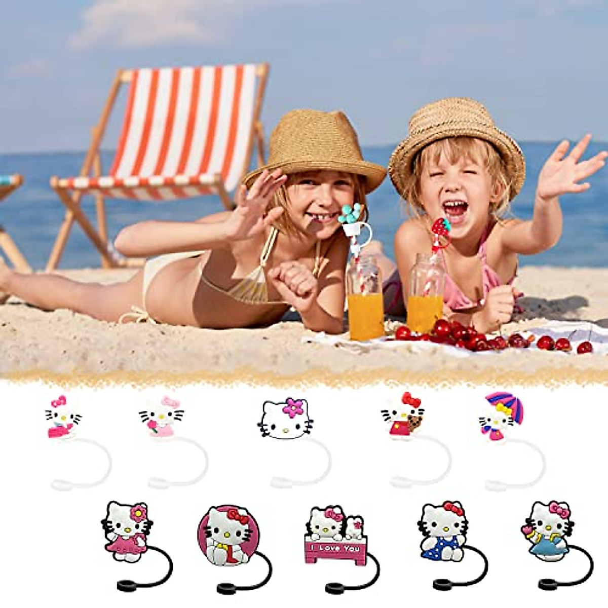 10pcs Drinking Straw Covers Cap, (Cute Cartoon Cat) Reusable Drinking Straw Tips Lids, Straw Toppers for Tumblers, Portable Cute Straw Tips Covers, Dust Proof Plugs Cap Protector 2D Style 7