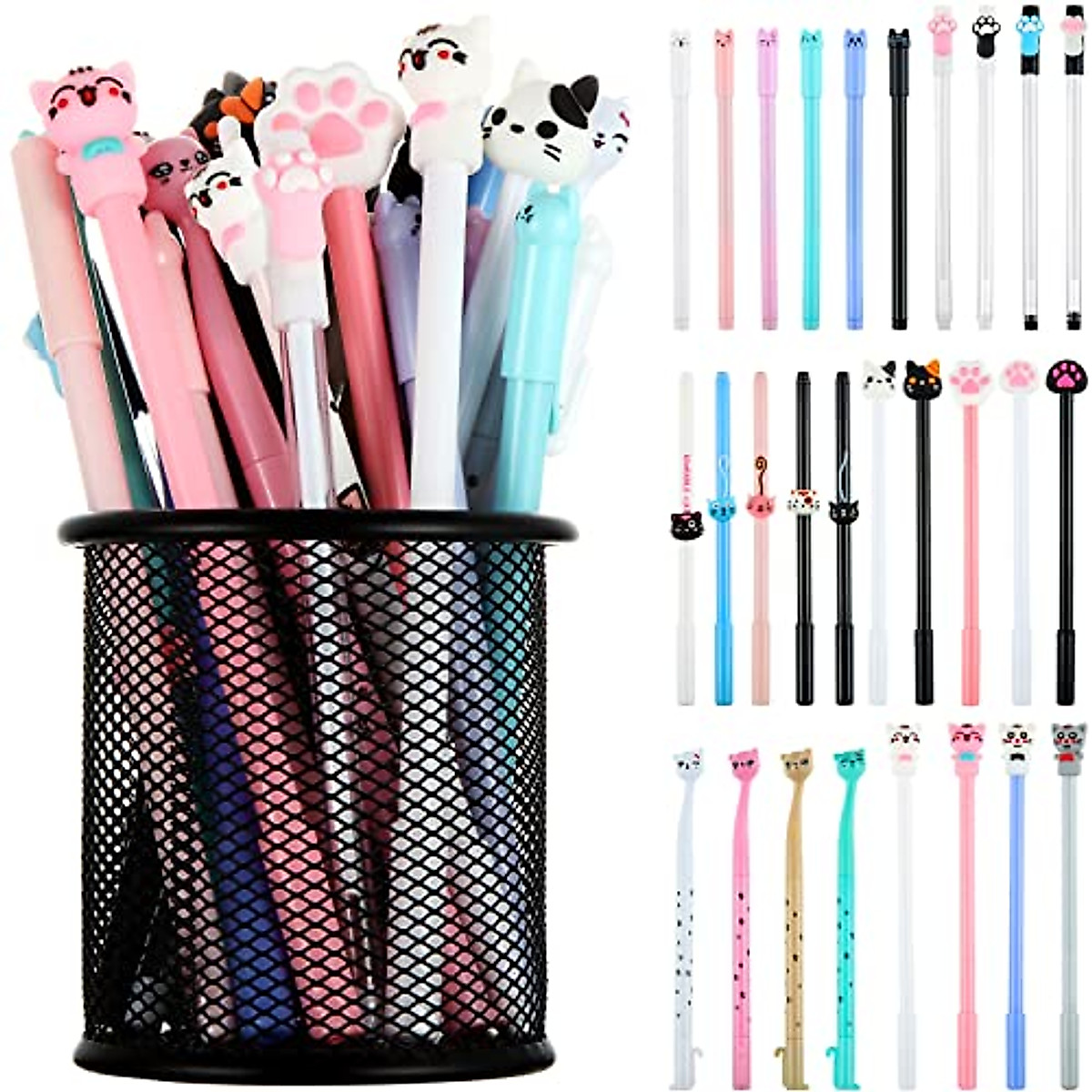 Cartoon Cat Gel Ink Pens Cats Rollerball Pens Cute Black Writing Pen for Kids Home Office School Gift Supplies (30 Pieces)