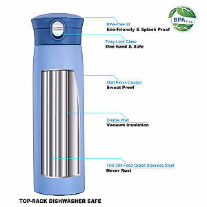 Diller Thermal Water Bottle, Coffee Travel Mug 16 or 8 oz Kids Mini Water Bottle Tumbler with Spout Lid, Leak Proof Flask for Kids and Women Keep 12H Piping Hot & 24H Cold (Blue, 8 oz)